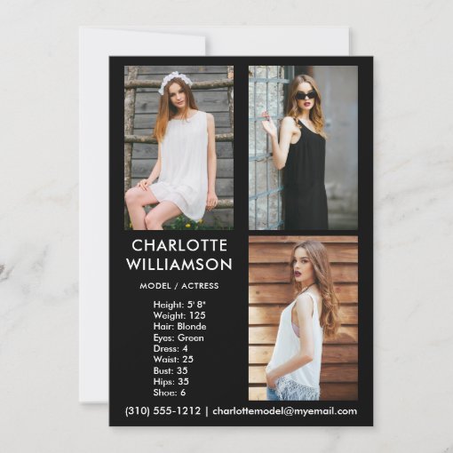 Model Actor 5x7 Comp Card 3 Photo Black | Zazzle
