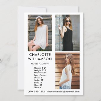 Model Actor 5x7 Comp Card 3 Photo White | Zazzle