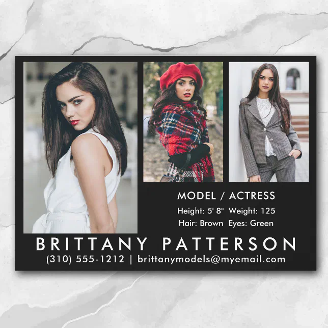 Model Actor Comp Card 3 Photo 5x7 Blk | Zazzle
