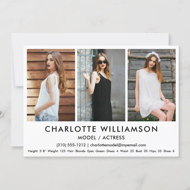 Model Actor Comp Card 3 Photo 5x7 White | Zazzle