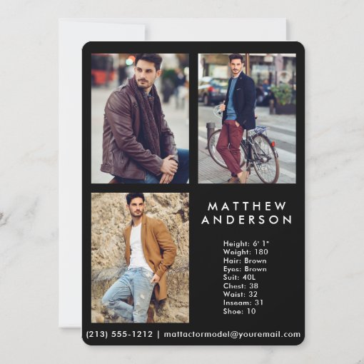 Model Actor Comp Card - 3 Photo Back Blk R | Zazzle