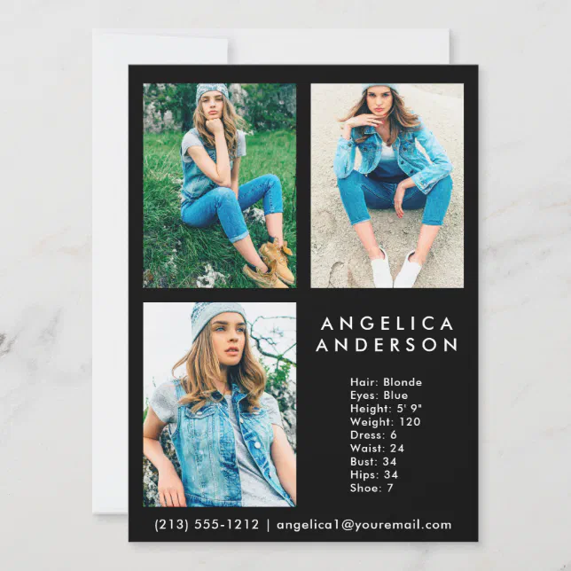 Model Actor Comp Card 3 Photo Black | Zazzle