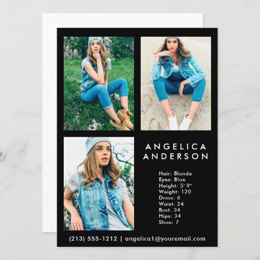 Model Actor Comp Card 3 Photo Black | Zazzle