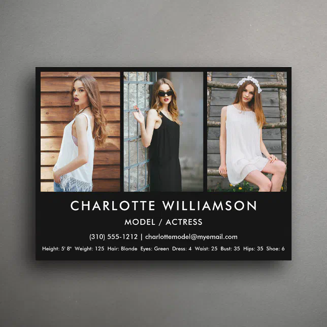 Model Actor Comp Card 3 Photo Black Postcard | Zazzle