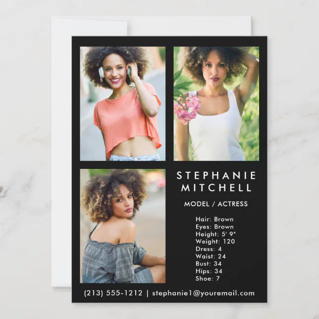 Model Actor Comp Card 3 Photo Blk | Zazzle