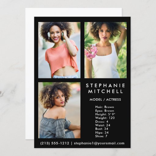 Model Actor Comp Card 3 Photo Blk | Zazzle