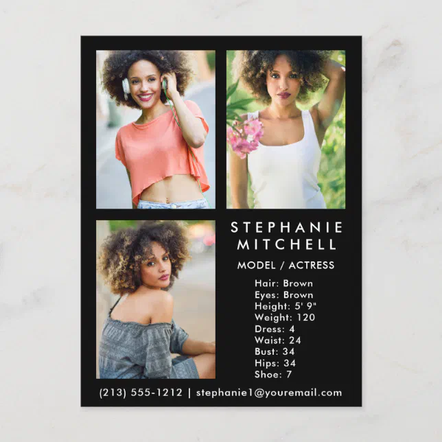 Model Actor Comp Card 3 Photo Blk - Postcard | Zazzle