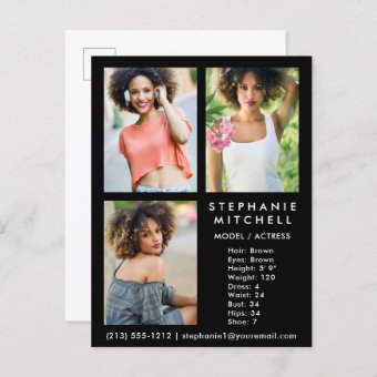 Model Actor Comp Card 3 Photo Blk - Postcard | Zazzle