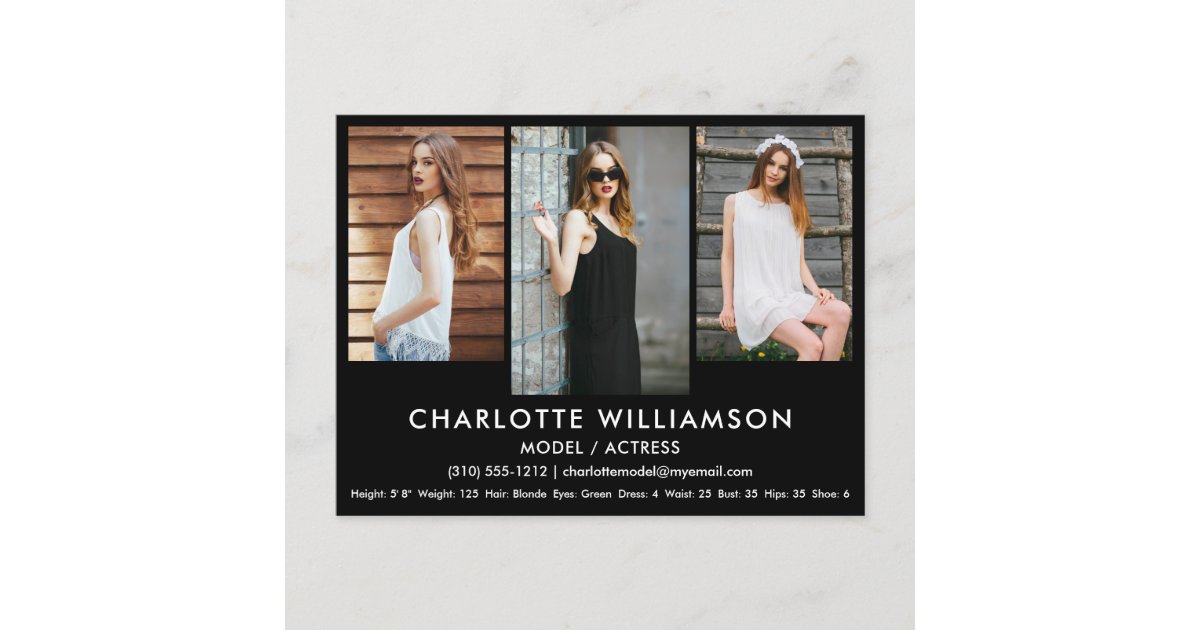 Model Actor Comp Card 3 Photo Postcard Blk | Zazzle
