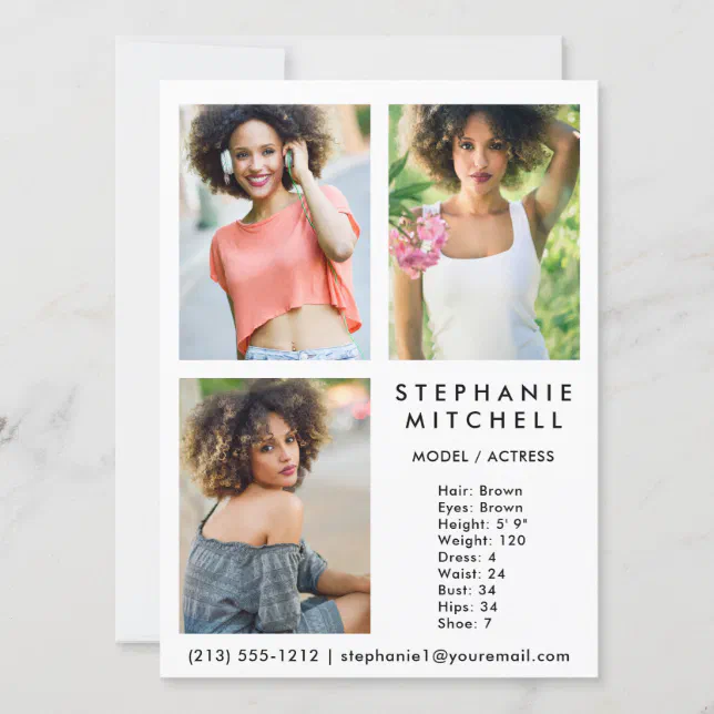 Model Actor Comp Card 3 Photo Wht | Zazzle
