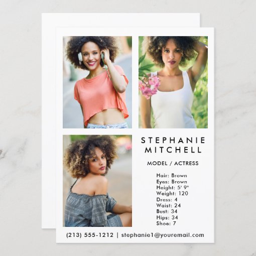 Model Actor Comp Card 3 Photo Wht | Zazzle