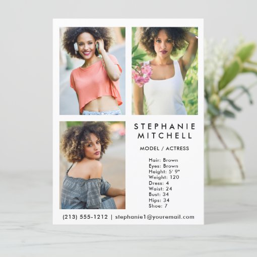 Model Actor Comp Card 3 Photo Wht | Zazzle
