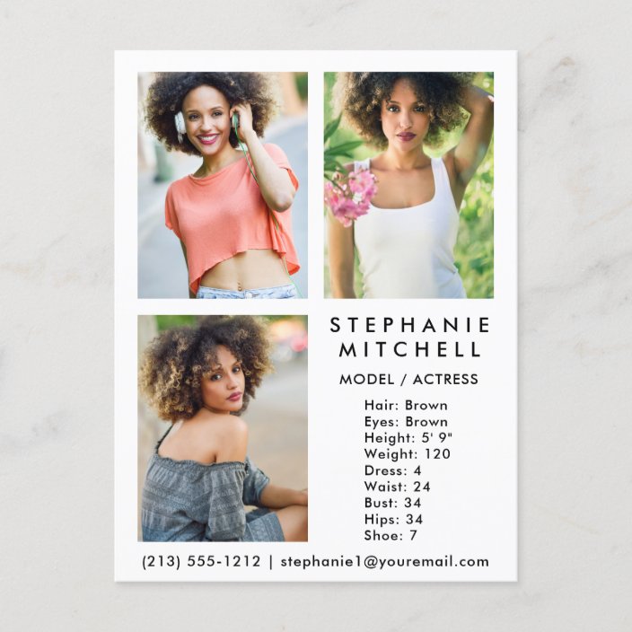 Model Actor Comp Card 3 Photo Wht - Postcard | Zazzle.com
