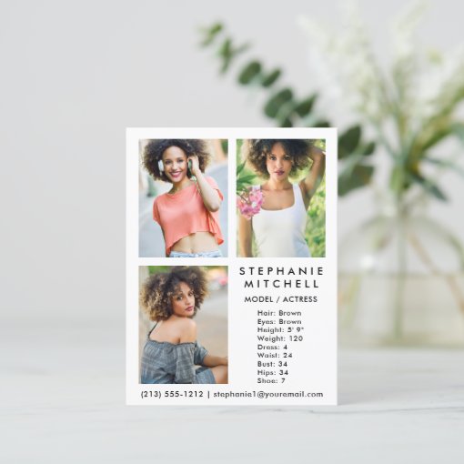 Model Actor Comp Card 3 Photo Wht - Postcard | Zazzle