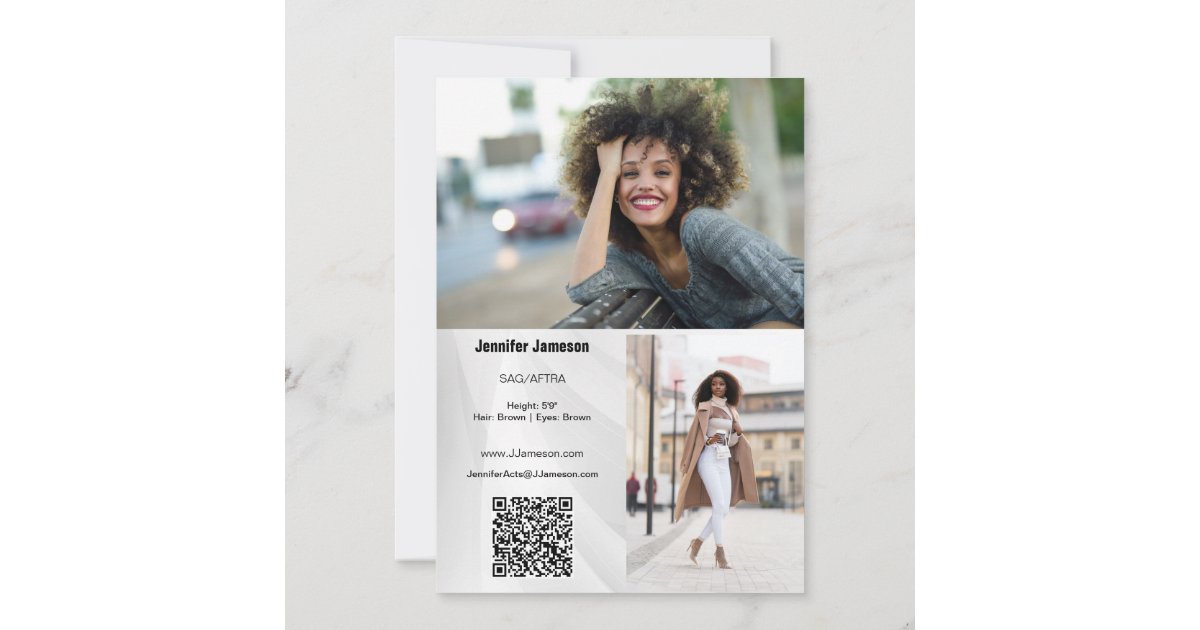 Model Actor Comp Card | 3 Photos and QR Code | Zazzle