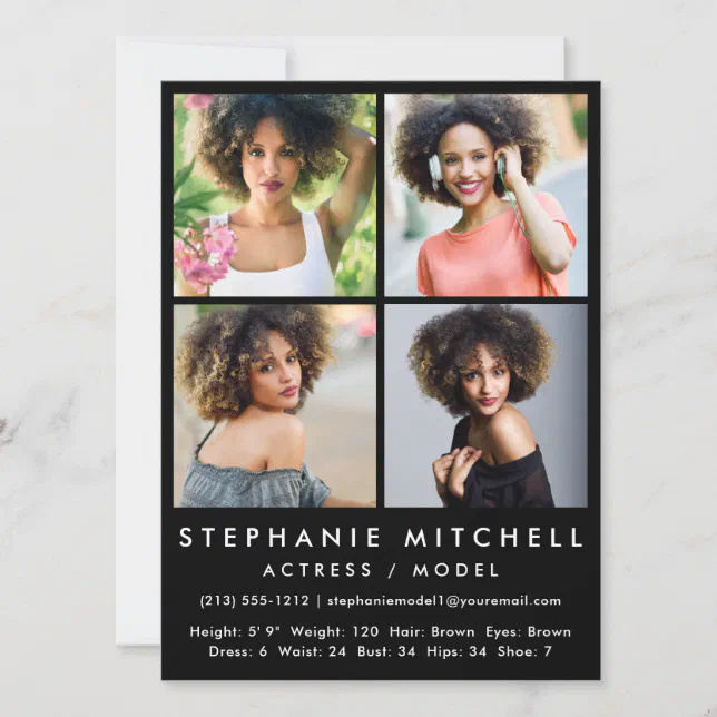 Model Actor Comp Card 4 Square Photo Blk | Zazzle
