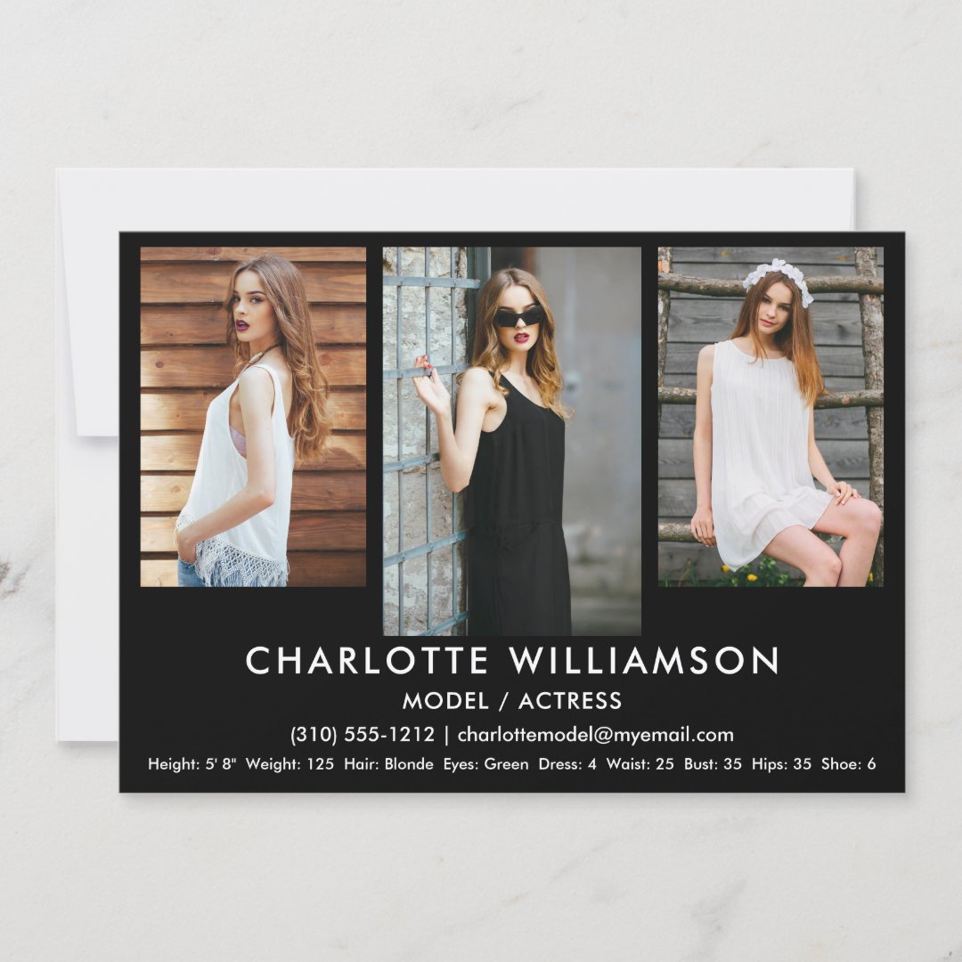 Model Actor Comp Card 5x7 Blk 3 Photo | Zazzle