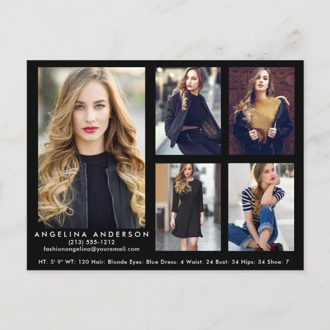 Model Actor Comp Card Black 5 Photo Postcard | Zazzle