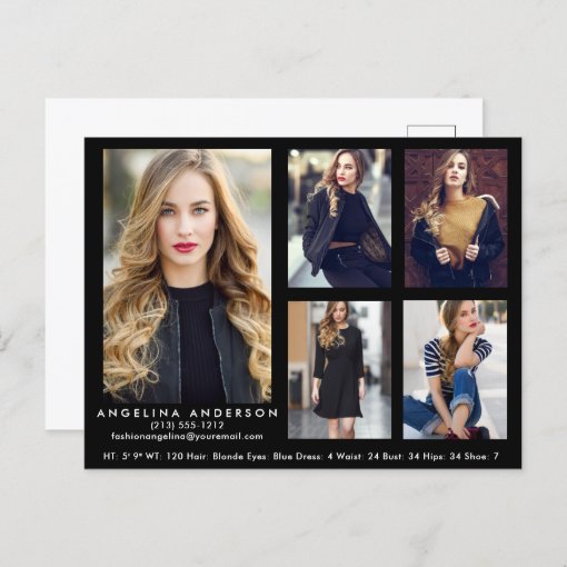 Model Actor Comp Card Black 5 Photo Postcard | Zazzle