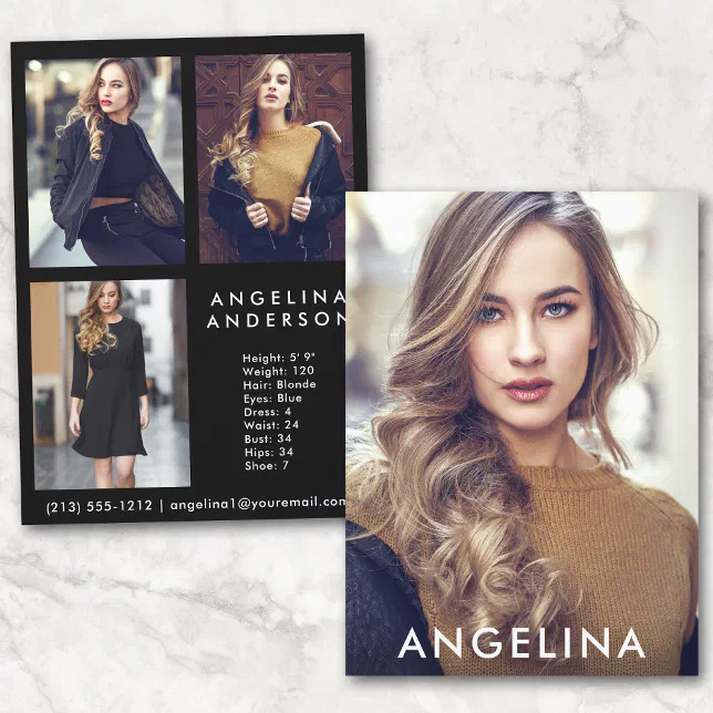 Model Actor Comp Card Blk - 3 Photo Back W | Zazzle