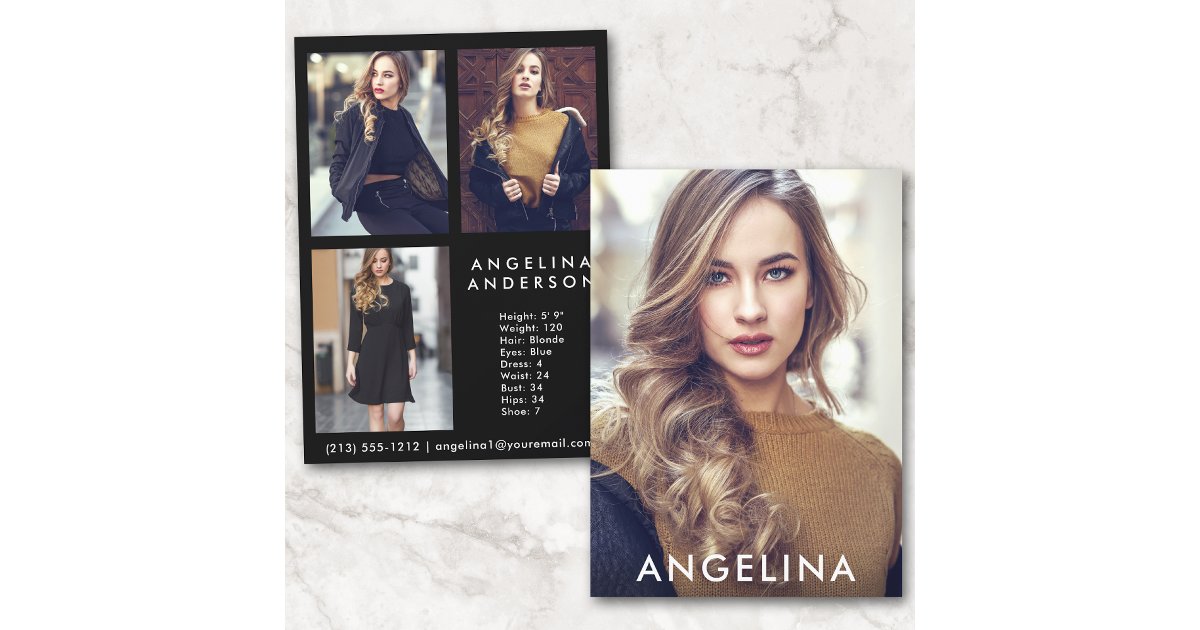 Model Actor Comp Card Blk - 3 Photo Back W | Zazzle