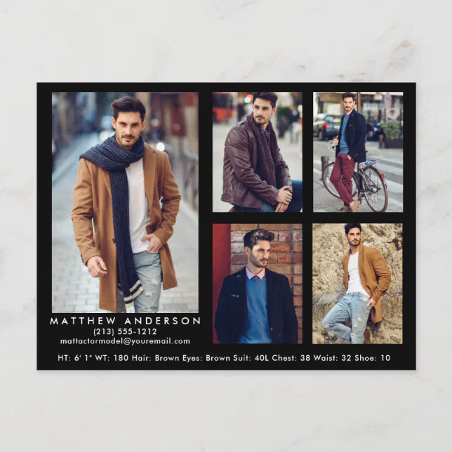 Model Actor Comp Card Blk 5 Photo Postcard | Zazzle
