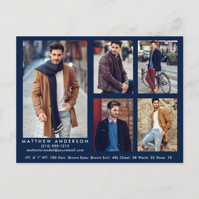 Model Actor Comp Card Blue 5 Photo Postcard | Zazzle