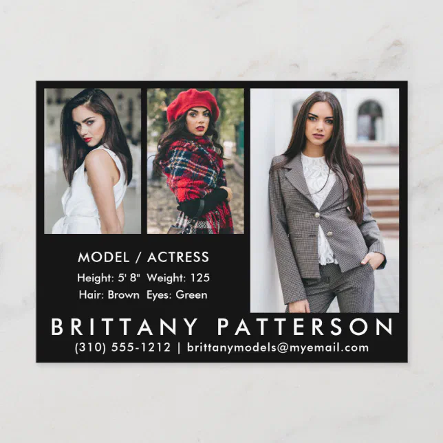 Model Actor Comp Card Postcard 3 Photo Black | Zazzle
