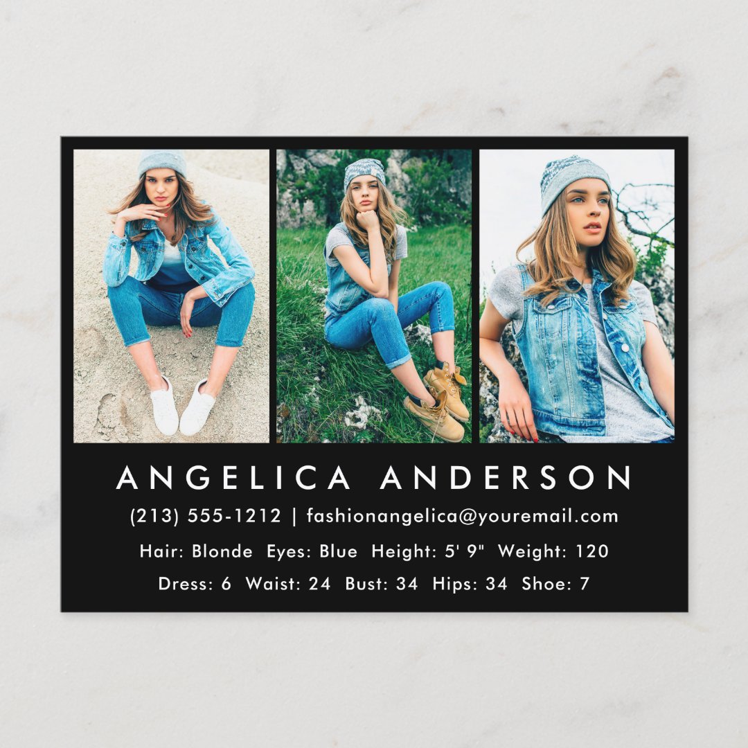 Model Actor Photo Comp Card Blk Postcard | Zazzle