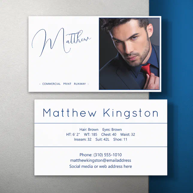 Model Actor Photo Promotional White And Blue Business Card | Zazzle