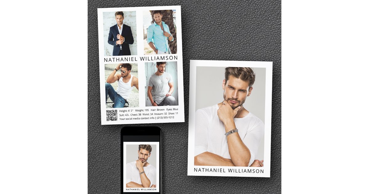 Model Actor QR Code 5 Photo Pro Comp Card | Zazzle