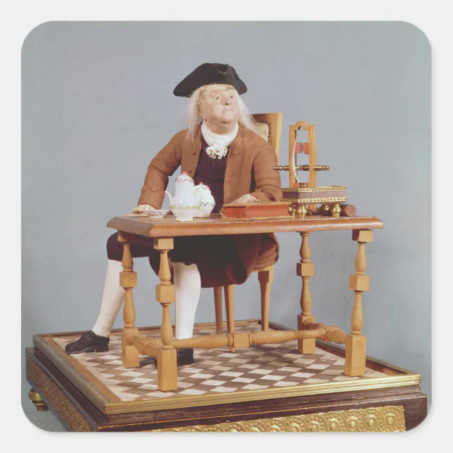 Model of Benjamin Franklin at his table Square Sticker | Zazzle