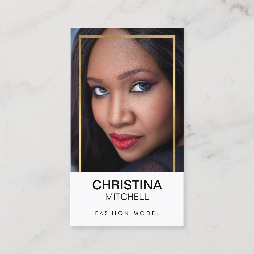 Models and Actors Modern Headshot Faux Gold Frame Business Card | Zazzle