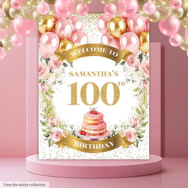 Modern 100th Birthday Blush Gold Banner Design Tapestry | Zazzle