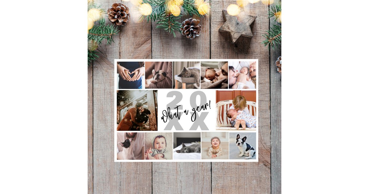 Modern 12 Photo Collage What A Year Pine Holiday Card | Zazzle