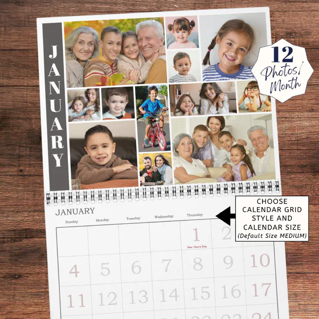 Modern 12 Photos Per Month Photo Collage Calendar | Zazzle