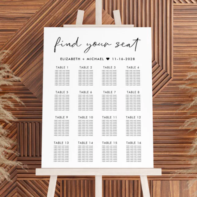 Modern 16 Table Wedding Seating Chart Foam Board | Zazzle