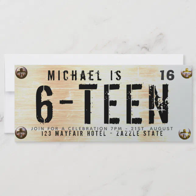 MODERN 16th Birthday BOY Car LICENSE Plate Rusty Invitation | Zazzle