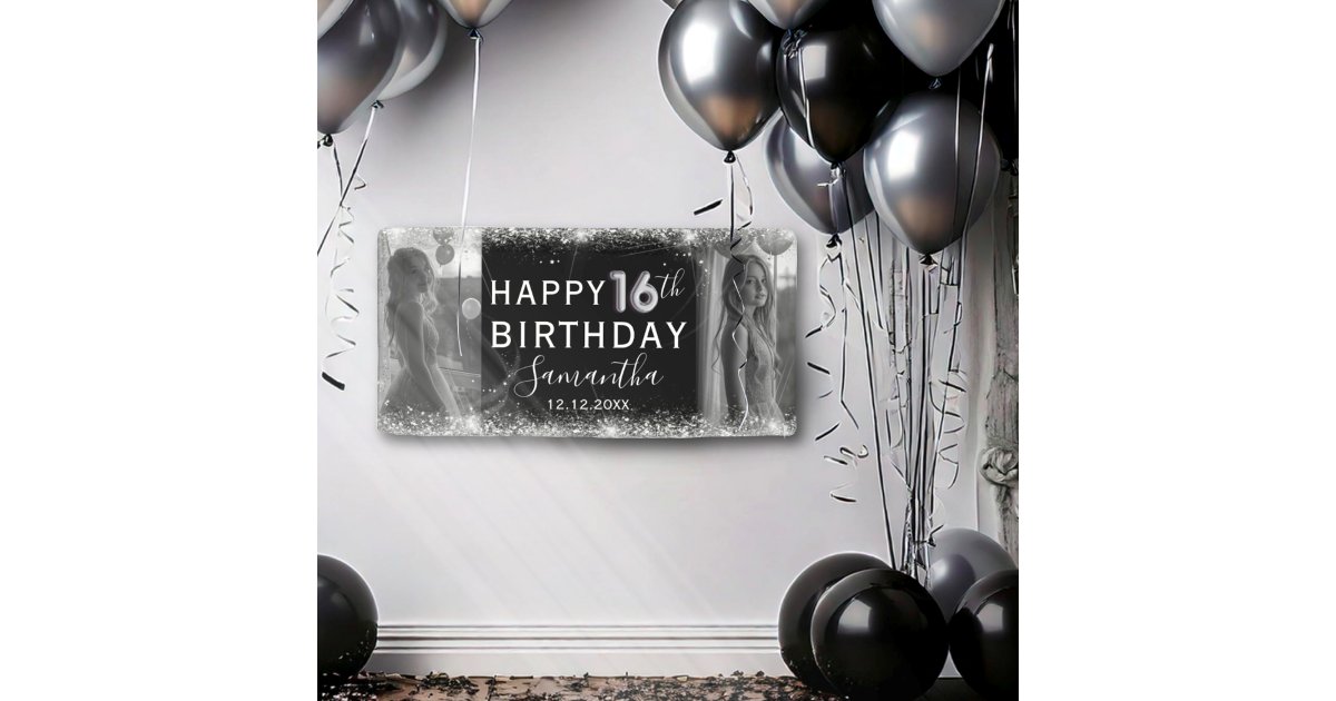 Modern 16th Silver Glitter & Photo Birthday Banner | Zazzle