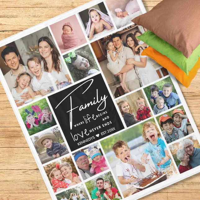 Modern 17 Photo Collage Family Name Quote Fleece Blanket | Zazzle