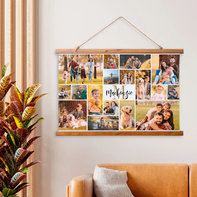 Modern 17 Photo Collage Monogram Script Name Hanging Tapestry | Zazzle