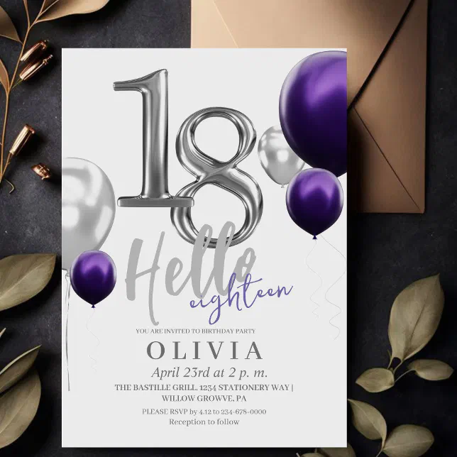 Modern 18th Birthday Party Silver Purple Balloons Invitation | Zazzle
