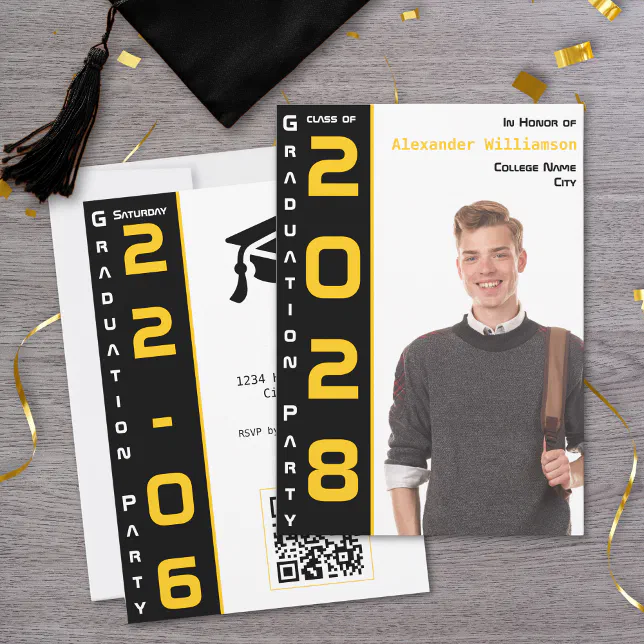 Modern 1 Photo Gold Black QR Code Grad Party Invitation | Zazzle