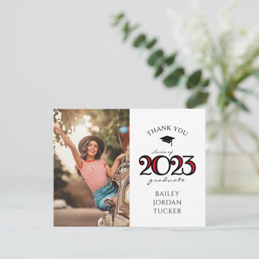Modern 2023 School Colors Red Photo Graduation Thank You Card | Zazzle