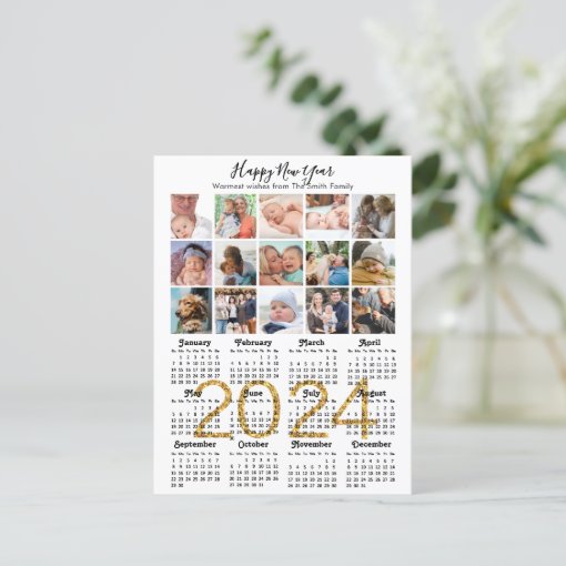 Modern 2024 Calendar Gold Script 15 Photo Collage Holiday Postcard | Zazzle