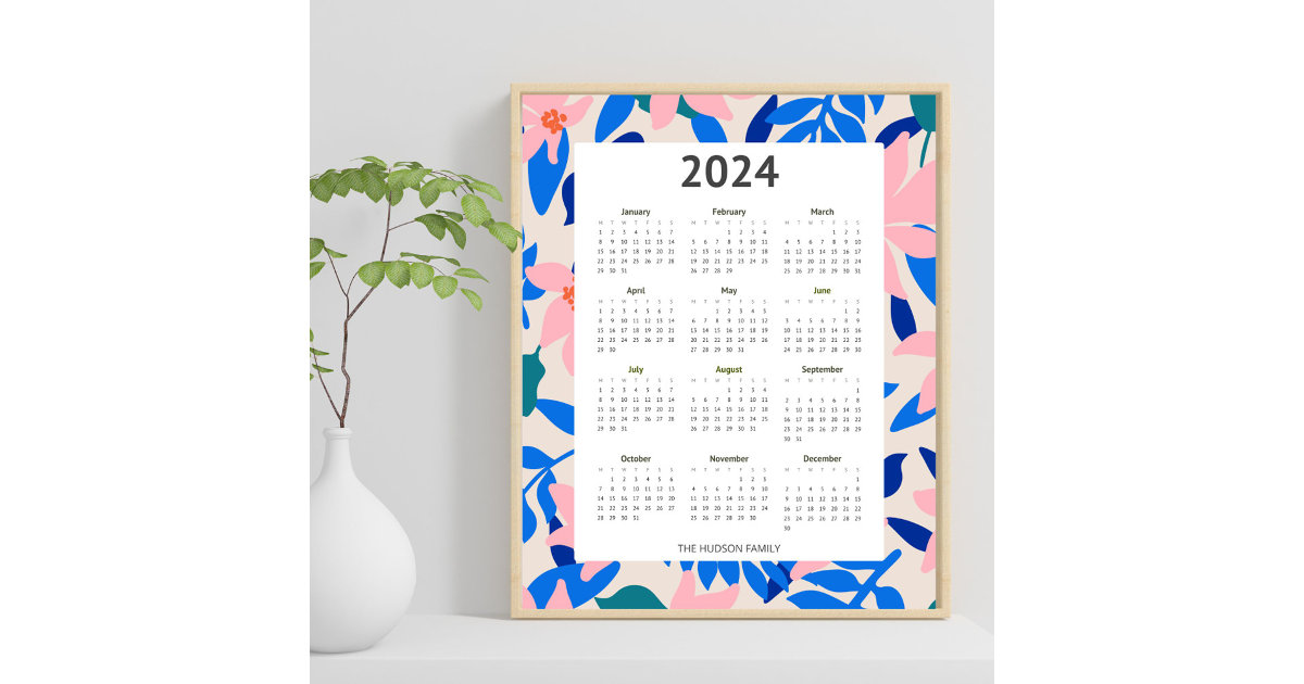 Modern 2024 Colorful Bold Floral Pattern Calendar Poster | Zazzle