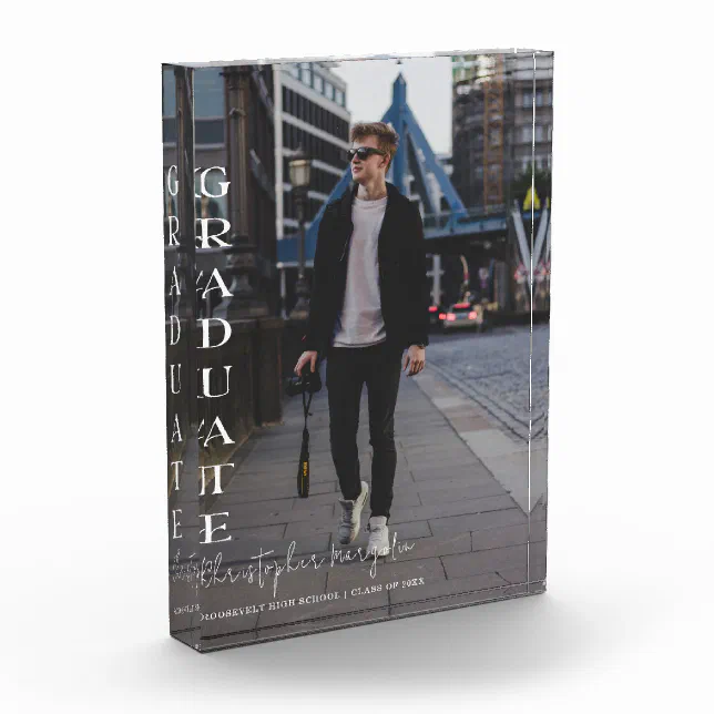 Modern 2024 Graduate White Script Overlay Photo Block | Zazzle