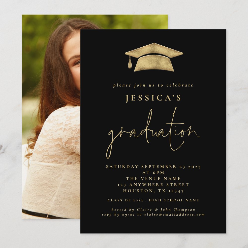 Modern 2024 Graduation Photo Gold Grad Cap Black I Invitation - Snuggle ...