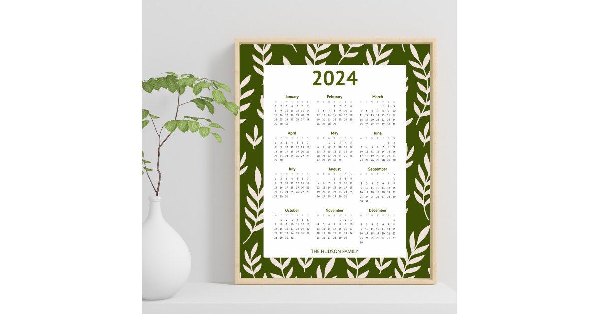 Modern 2024 Olive Green Greenery Calender Poster | Zazzle