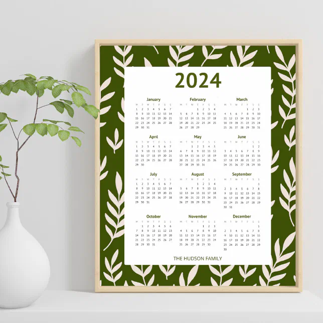 Modern 2024 Olive Green Greenery Calender Poster | Zazzle